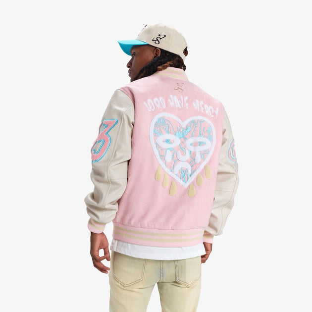 "Mercy" Suede Letterman Jacket (pink) – Sugarhill